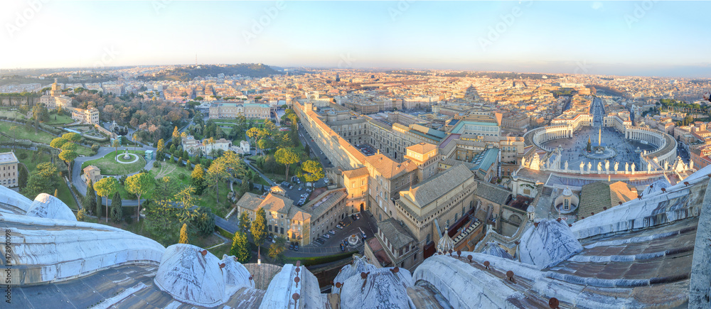 Wide angle view of the sunset above Rome and Vatican city from the roof ...