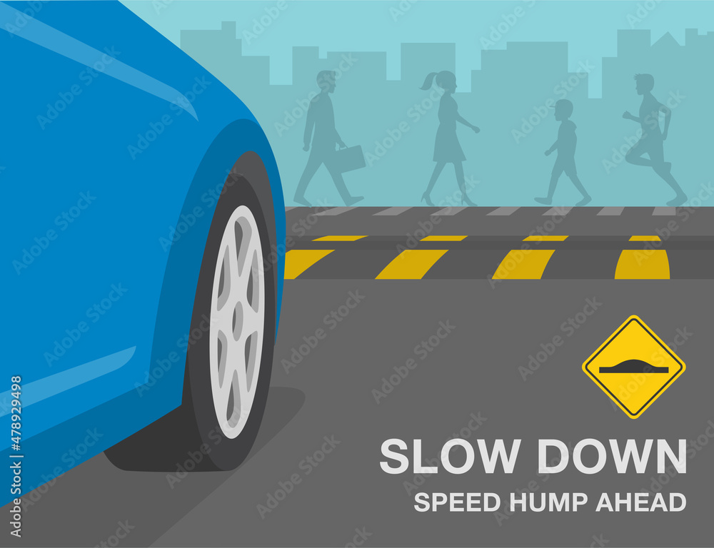 Vetor Safety car driving rules. Speed bump on the city road. Slow down ...