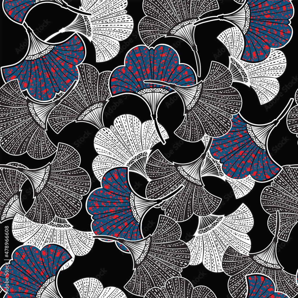 Seamless pattern gingko leaves fill in with african prints and hand ...