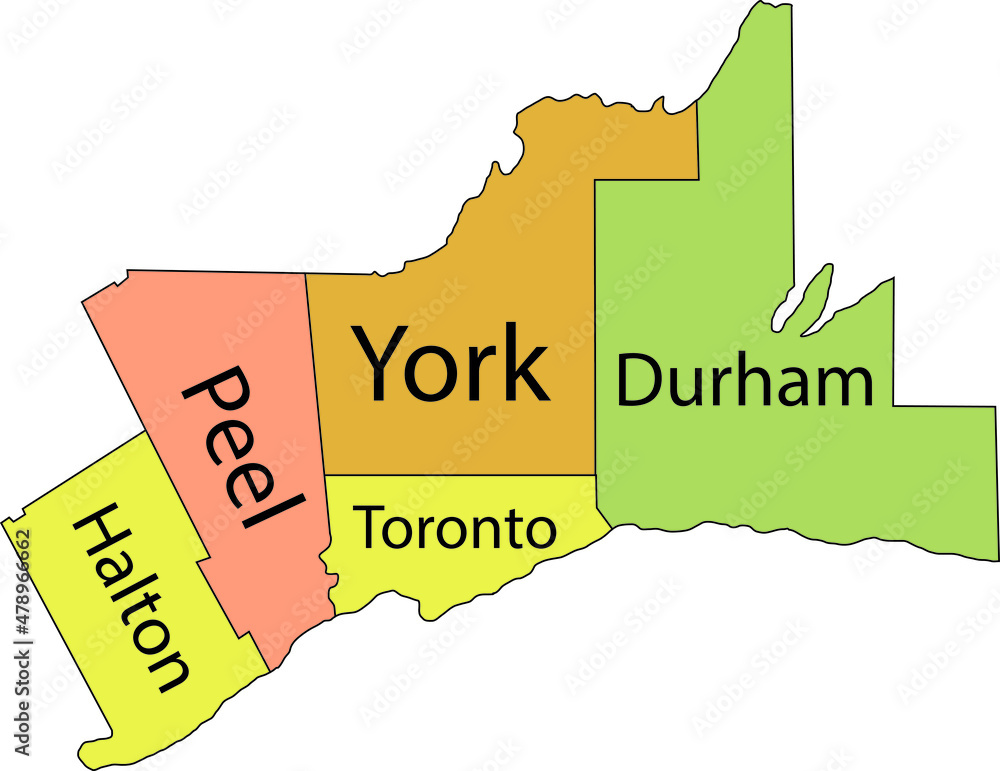 Pastel flat vector administrative map of GREATER TORONTO AREA, ONTARIO ...