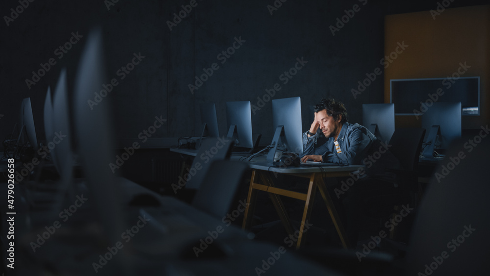 Stressed Male Student Sitting Alone in College Informatics Room ...