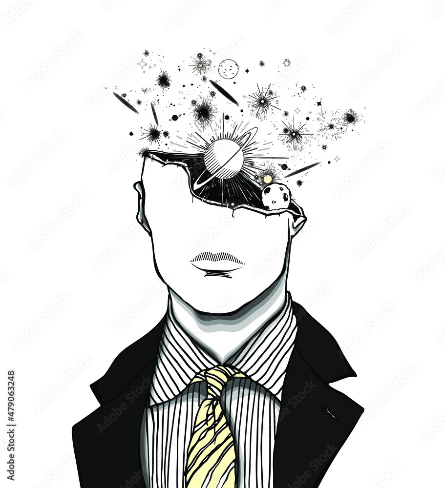 Hand drawn portrait of a strange handsome man with universe and ...