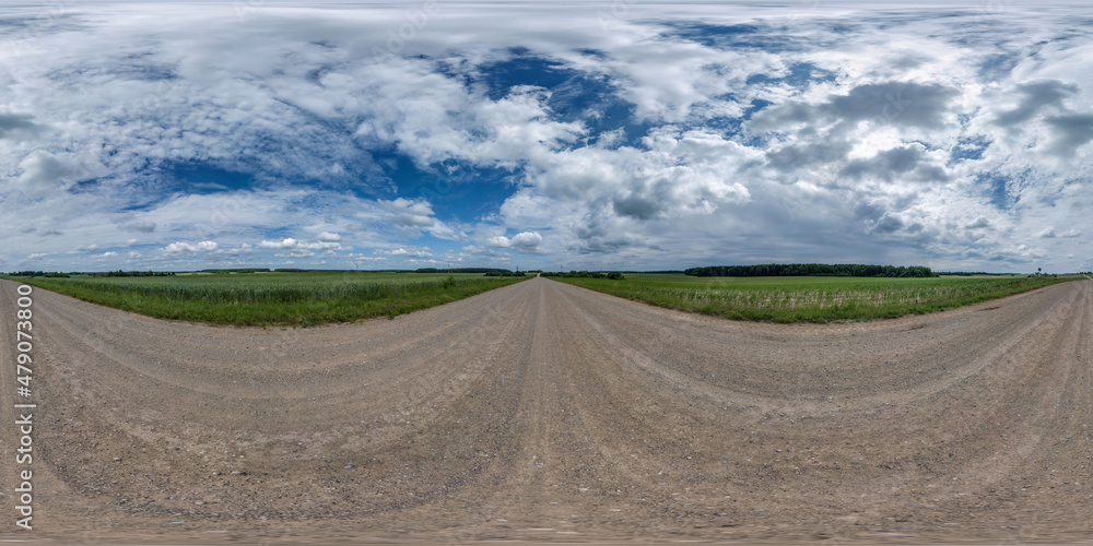 360 hdr panorama on no traffic yellow sand gravel road among fields ...