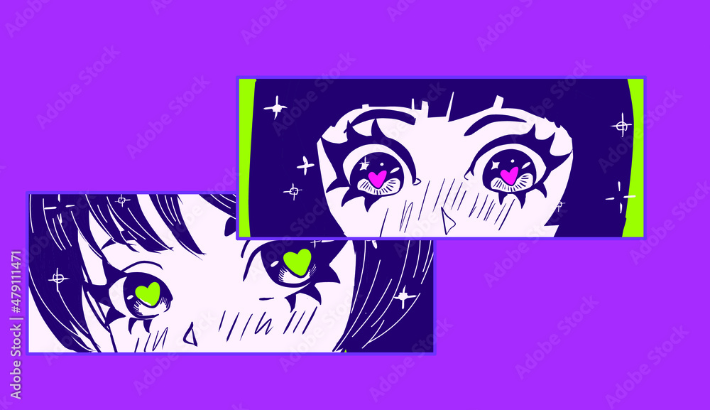 Multiple-panel sequence of a comic strip with different anime female ...