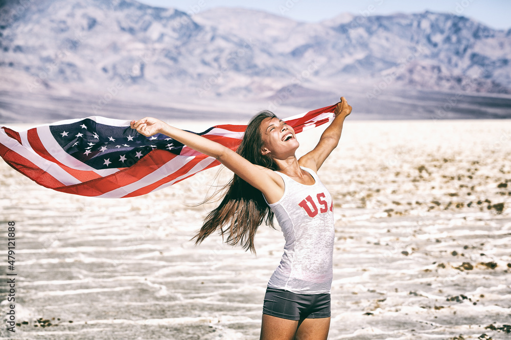 American flag woman USA sport athlete winner cheering waving stars and ...
