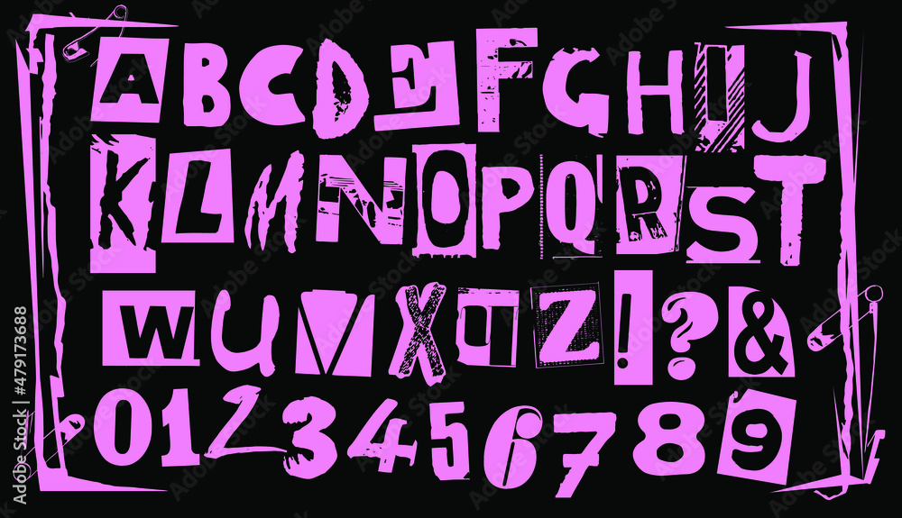 Punk typography vector alphabet and numbers. Type specimen set for ...