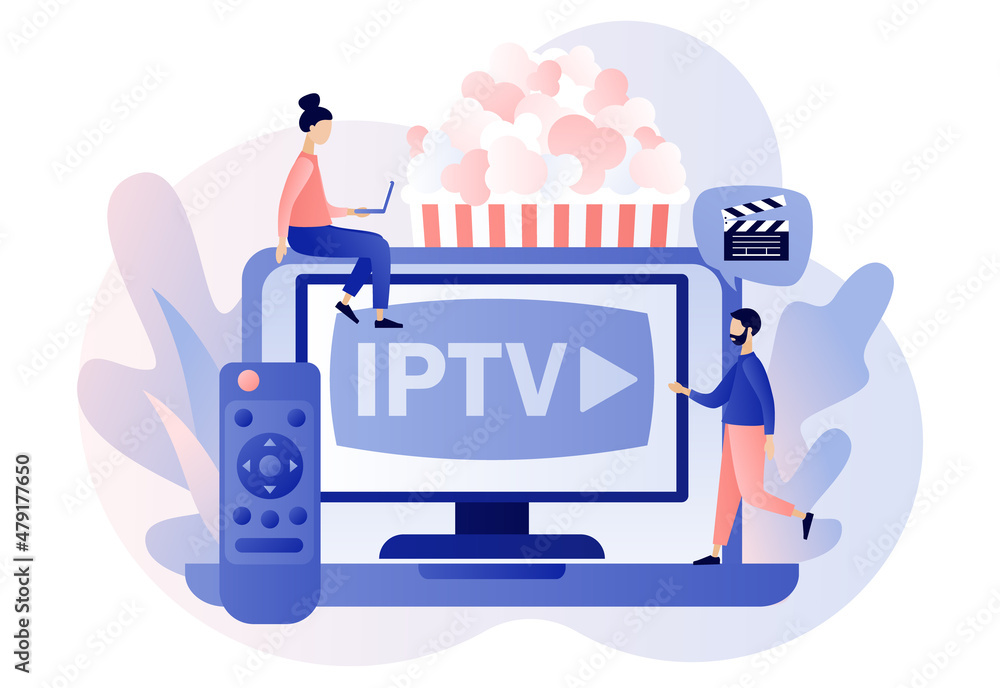 IPTV online in laptop. Tiny people watch digital media TV stream ...