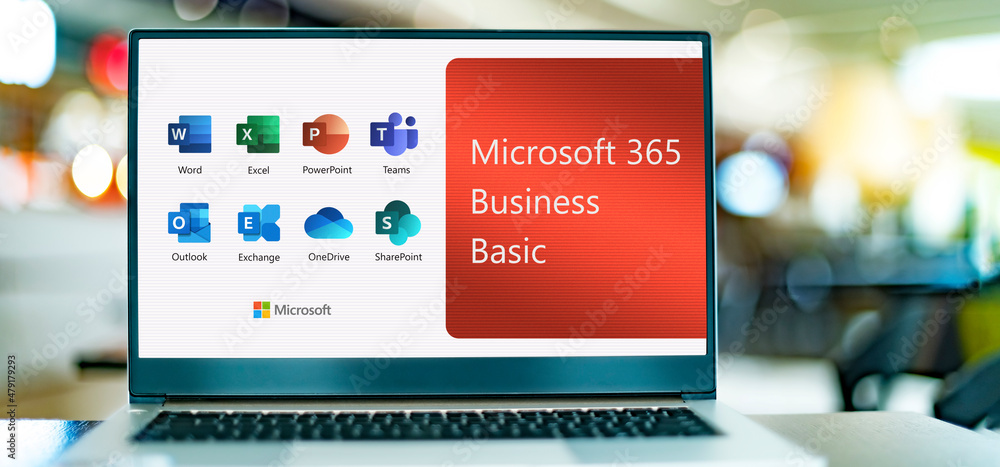 Stock-Foto „Laptop displaying logos of Microsoft 365 Business Basic ...