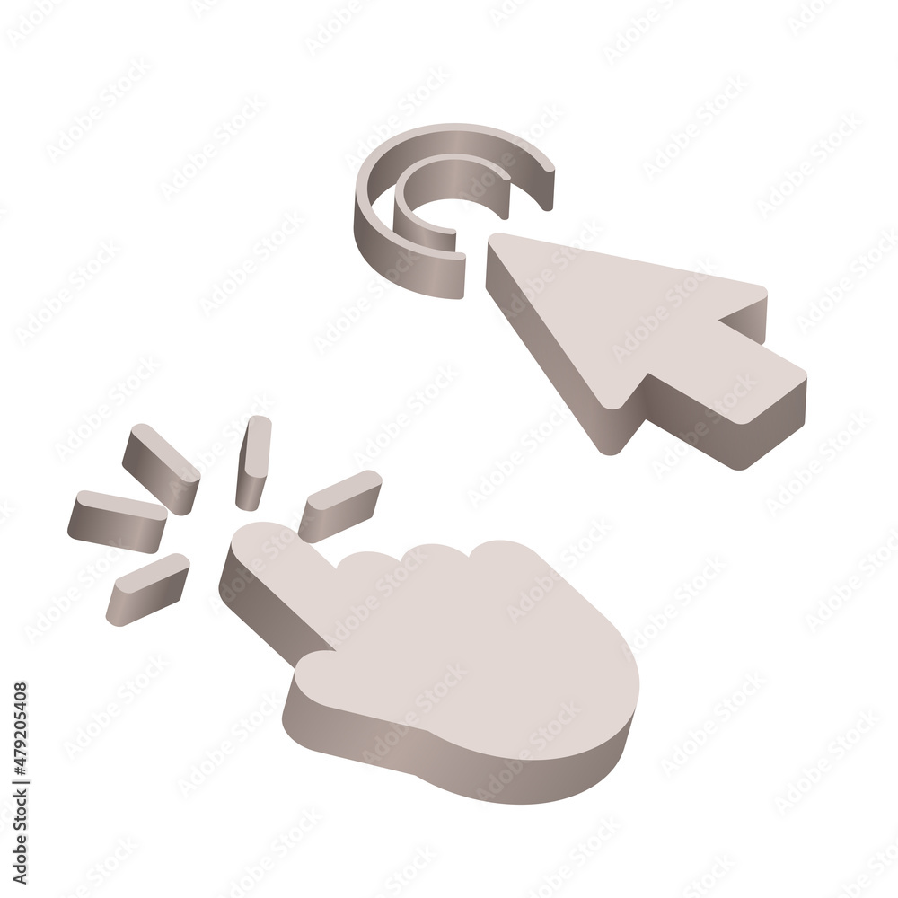 Computer Mouse click 3d cursor. Mouse pointers set. Vector 3d clipart of arrows and hands ...