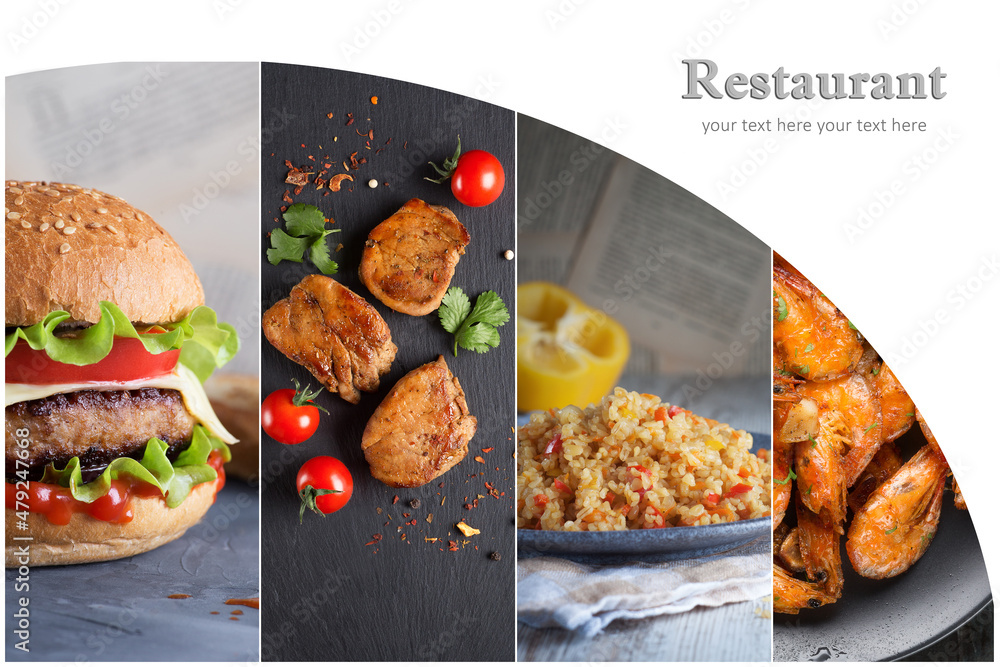 Collage of different photos of delicious food.Photos of dishes for ...