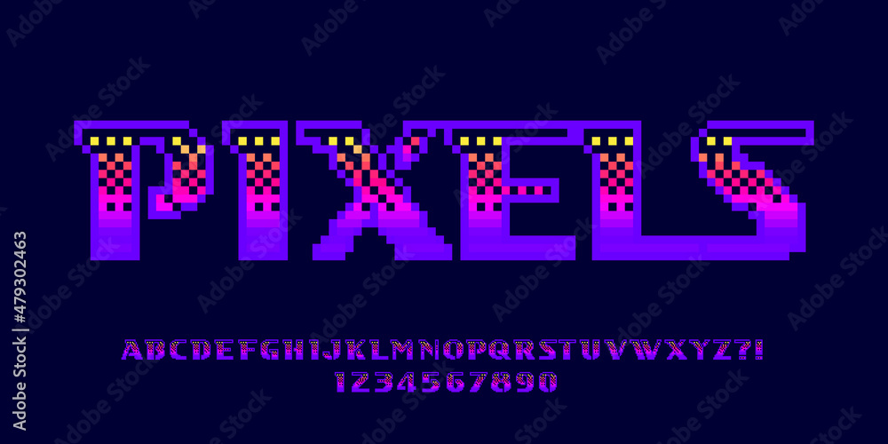 Pixels alphabet font. Pixel letters and numbers. 80s arcade video game ...