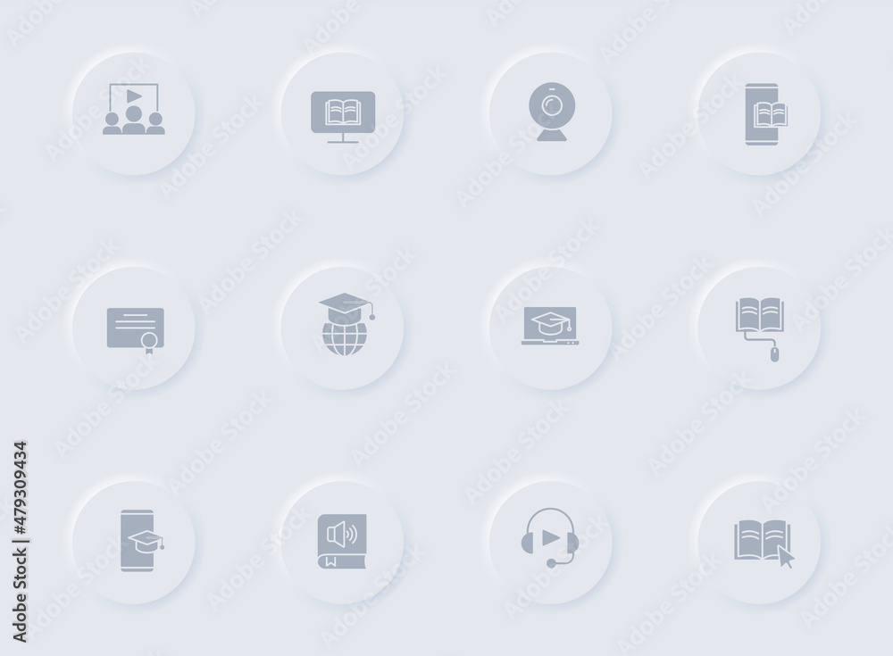 e learning gray vector icons on round rubber buttons. e learning icon ...