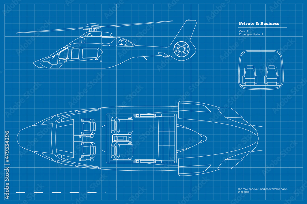 Outline private helicopter interior. Cockpit blueprint. Top, side view ...