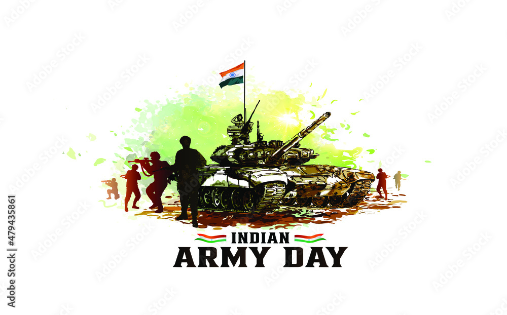 Vector illustration of Indian army day. Soldiers on fighter tank with ...