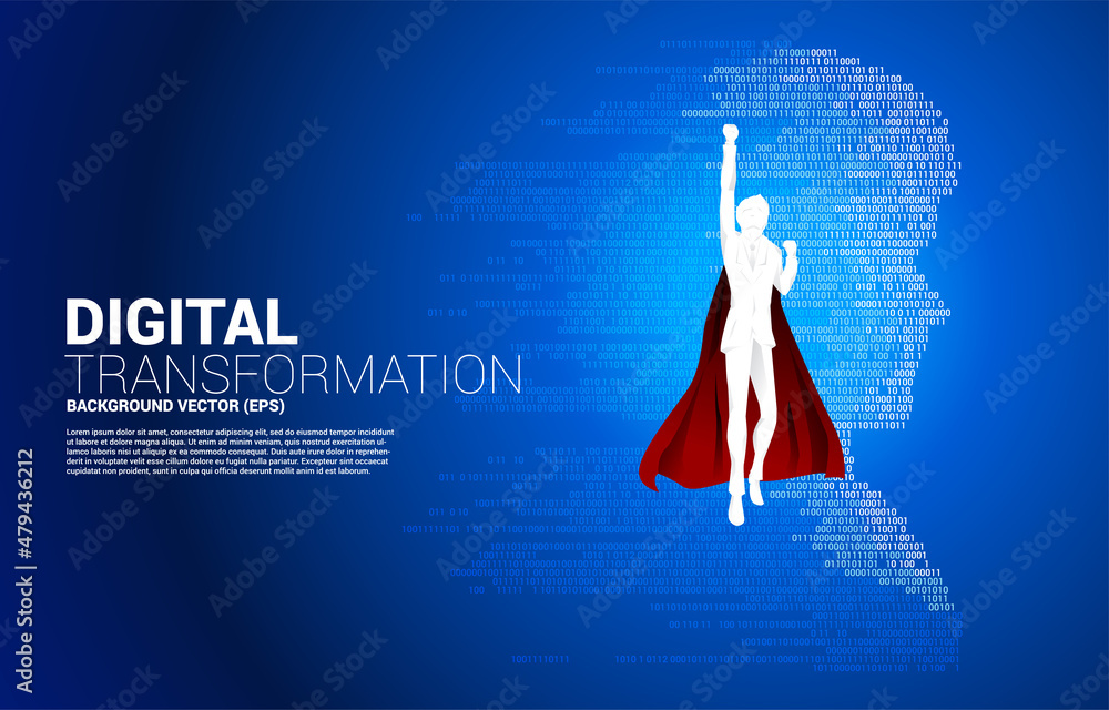 silhouette of superhero flying with man head from pixel transformation ...