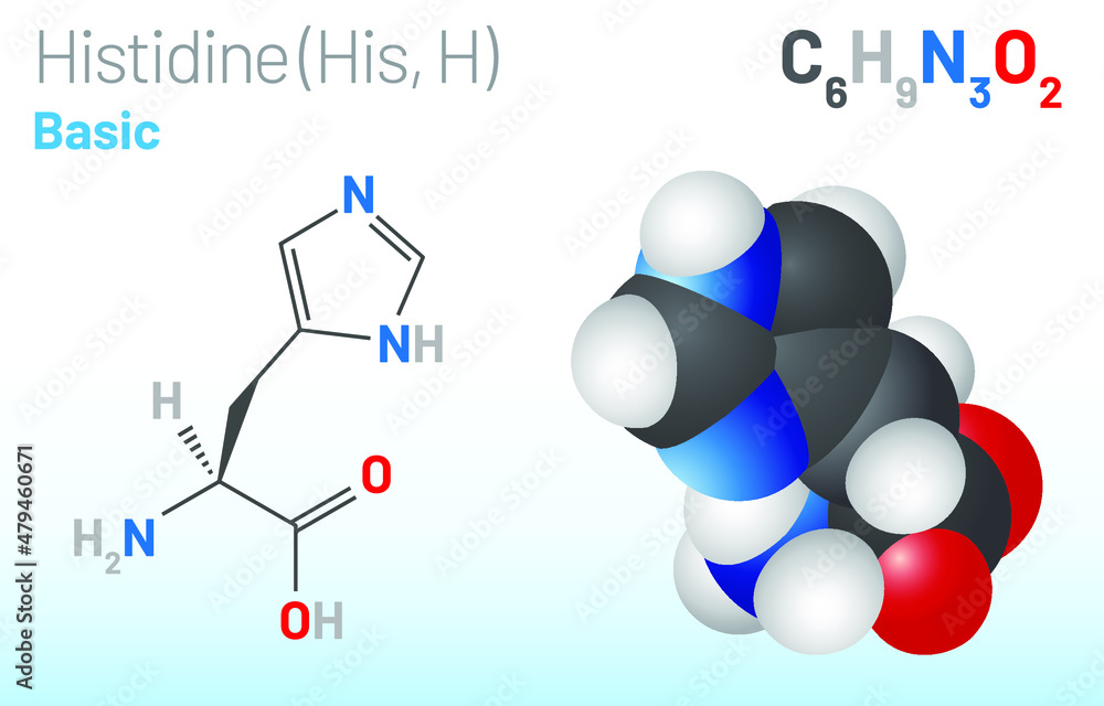 Histidine (His, H) amino acid molecule. (Chemical formula C6H9N3O2 ...