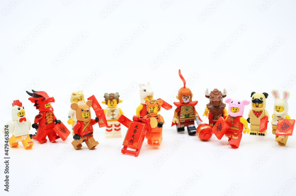 Hong Kong - January 1 2022: minifigure act like tiger and celebrate ...