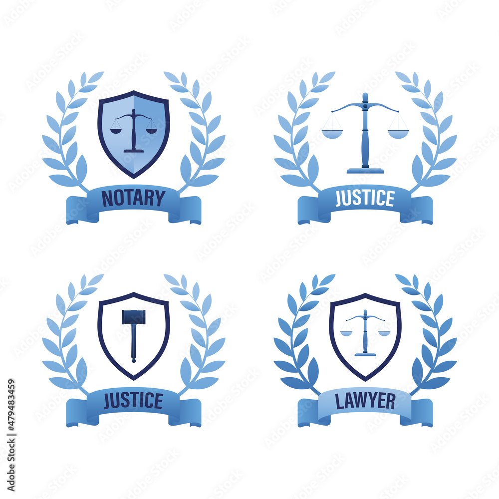 Set of justice labels. SIgns with scales, hammer and text. Logo or ...