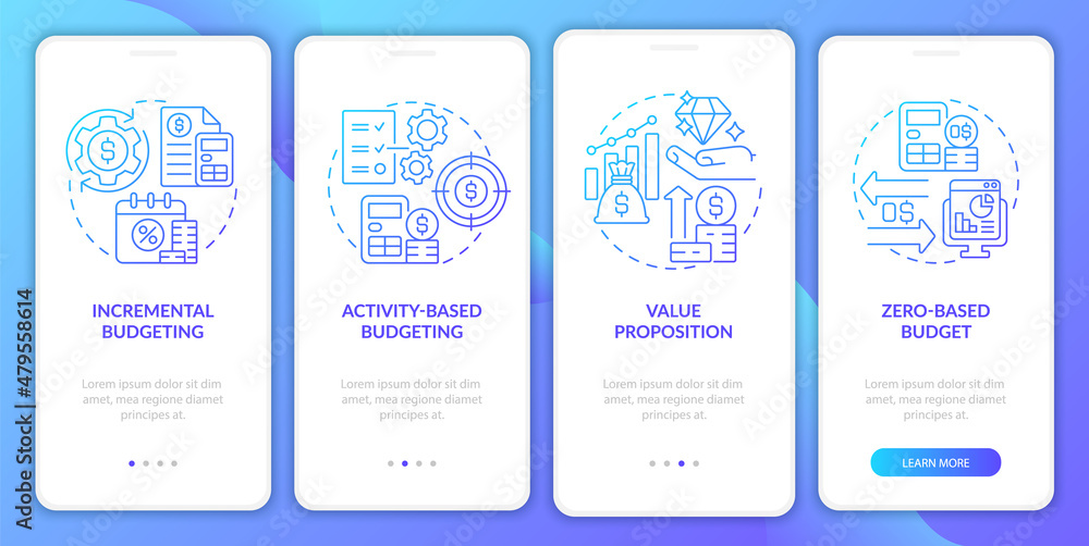 Budgeting types blue gradient onboarding mobile app screen. Plan ...