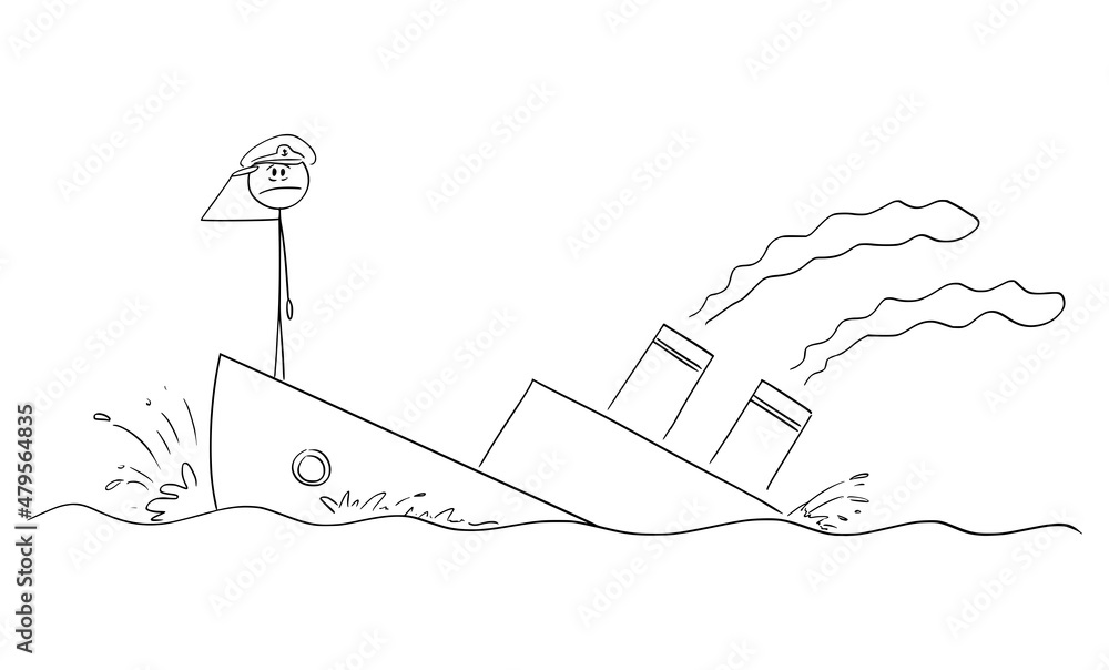 Captain of the Sinking Ship or Boat Saluting, Vector Cartoon Stick ...