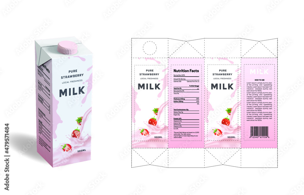 Strawberry milk product packaging design template with 3d mockup ...