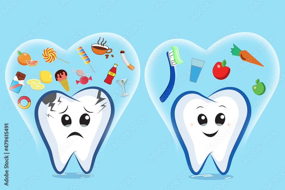 Healthy and unhealthy teeth and different products on turquoise ...