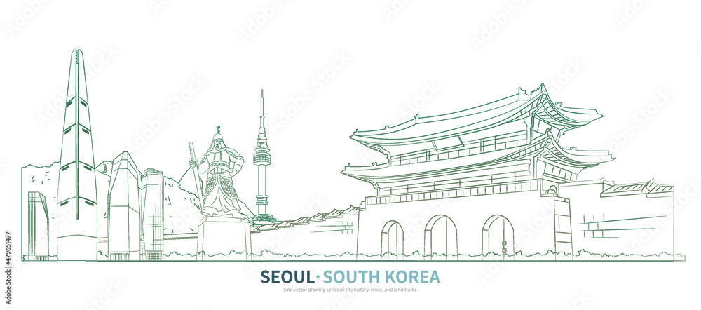 Seoul cityscape line drawing vector. sketch style South Korea landmark illustration 素材庫向量圖 ...