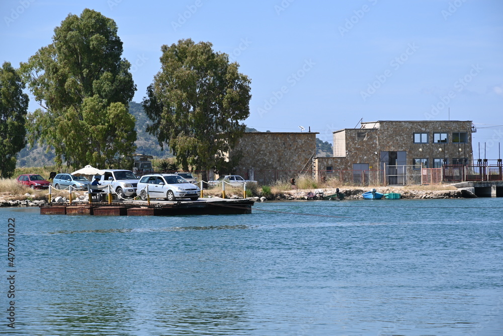 Old car ferry Butrint ferry drives with cars across Lake Butrint Liqeni ...