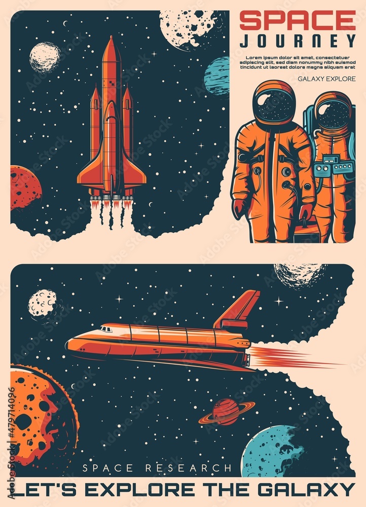 Galaxy explore, astronauts and spaceship retro posters. Vector space ...