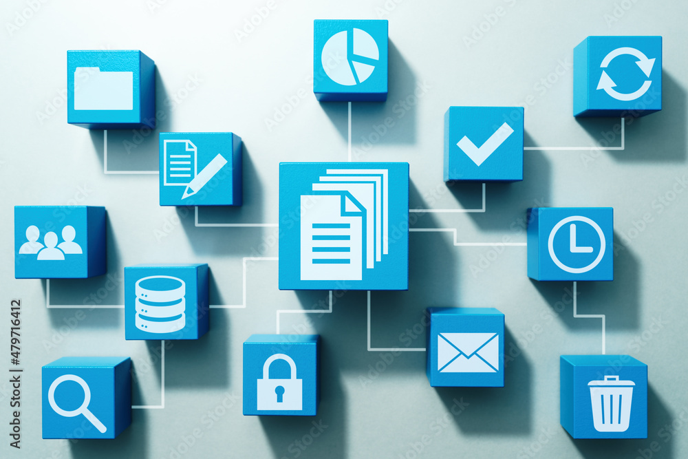 Document management concept. Rules and workflow. Top view of many wood cubes with icons. Stock ...