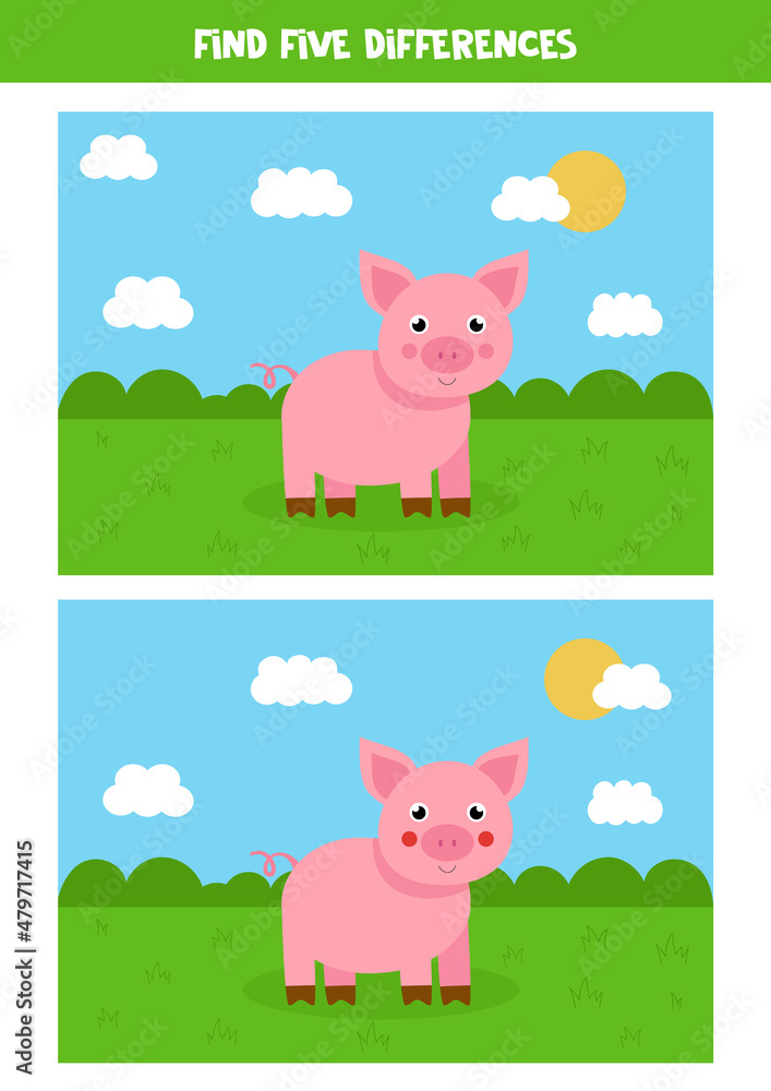 Find five differences between two cute pigs. Stock Vector | Adobe Stock