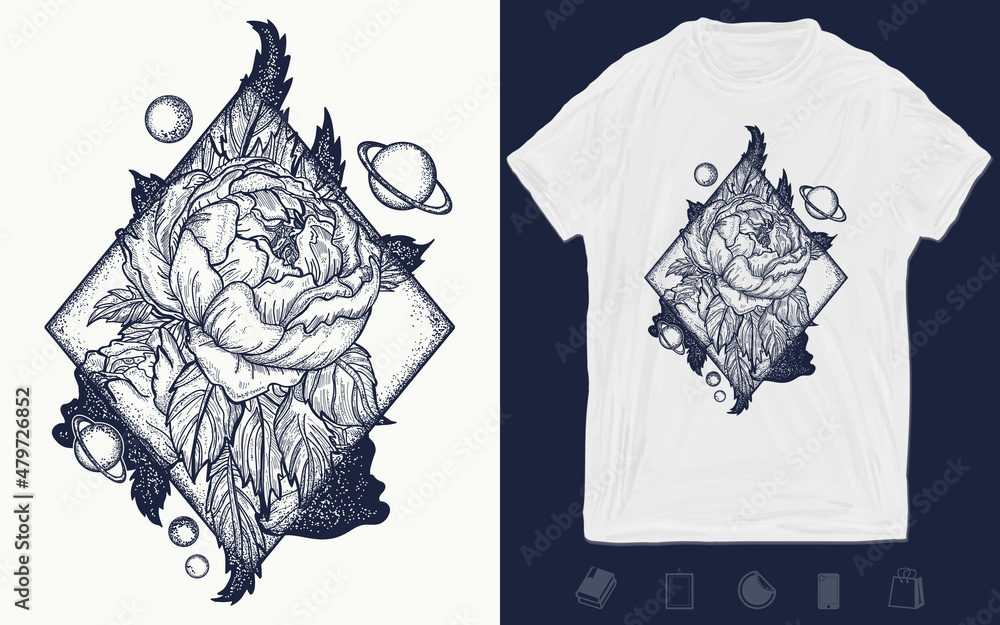 Esoteric rose tattoo art and t-shirt design. Floral magic symbol of ...