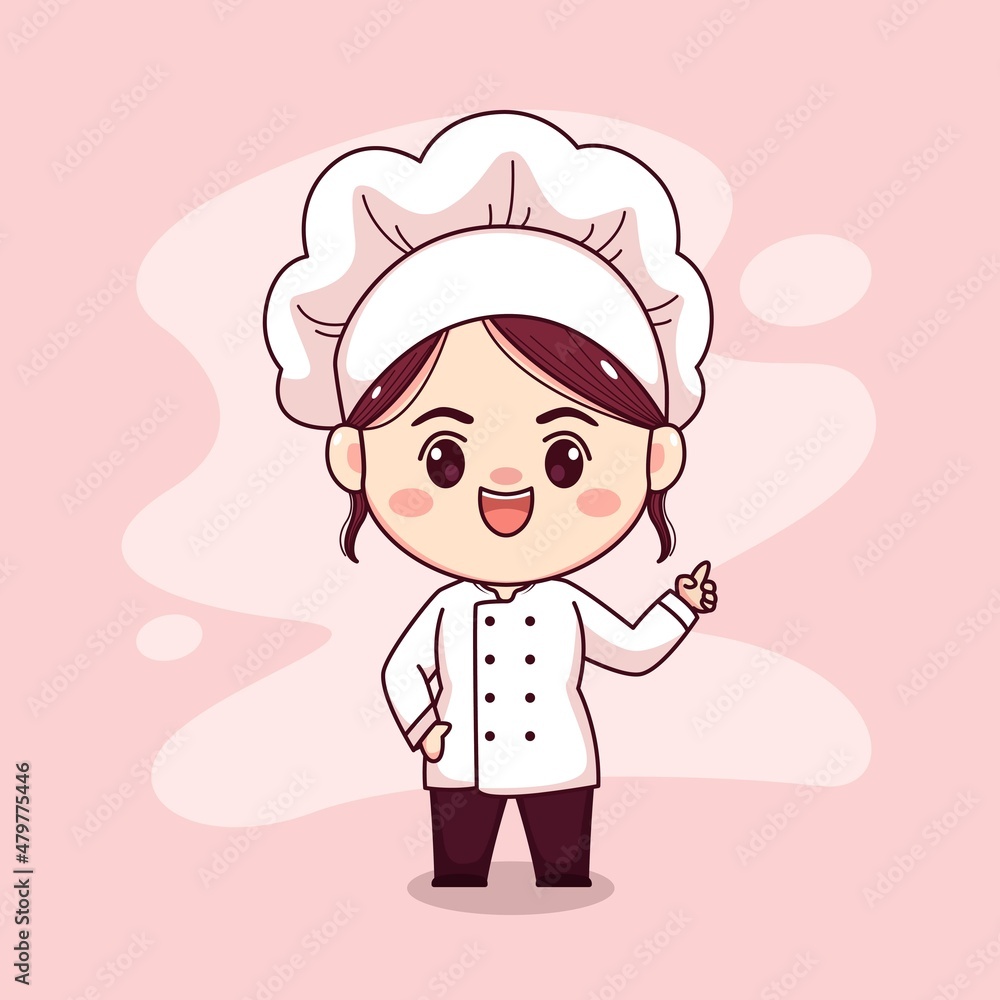 Cute and kawaii female chef with pointing finger cartoon manga chibi ...