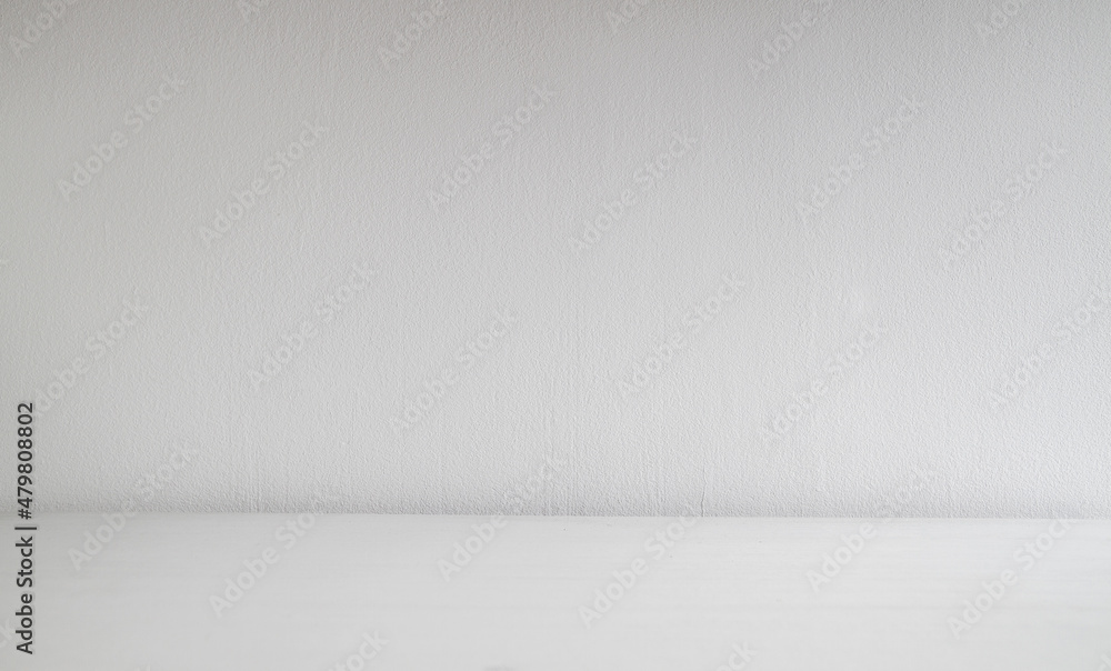 Blank white wall and desk table surface. Empty copy space, perspective ...