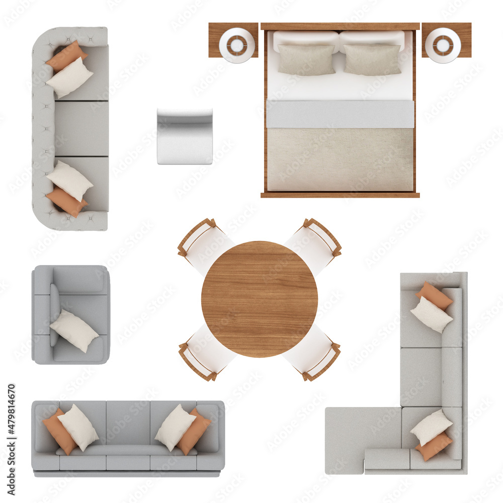 Top view of furniture. Double bed, round table, corner sofa and chairs ...