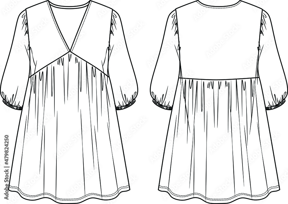 Vector long sleeved dress fashion CAD, template, flat. Balloon sleeved ...