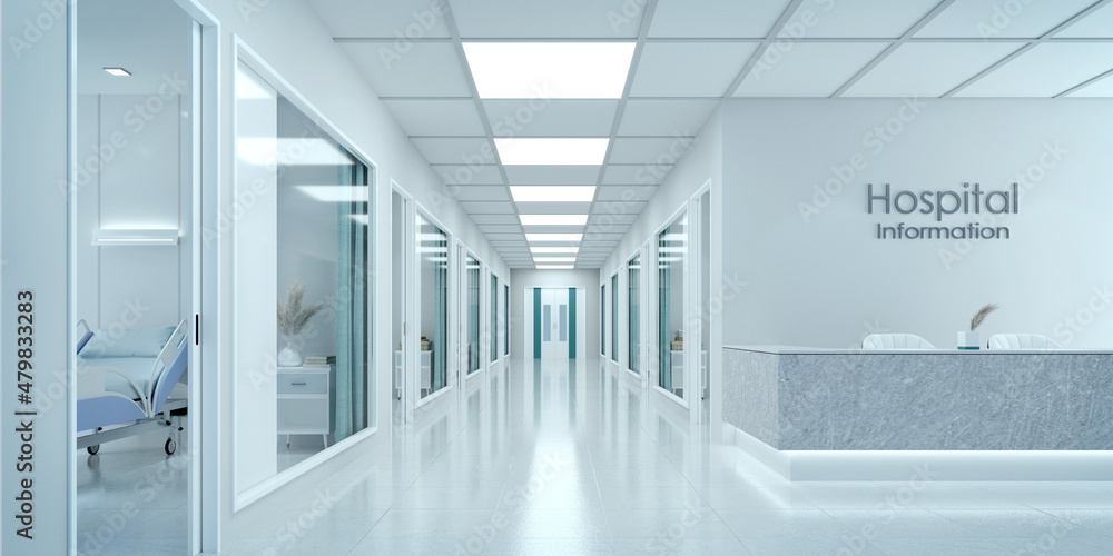 Empty corridor in modern hospital with information counter and hospital ...