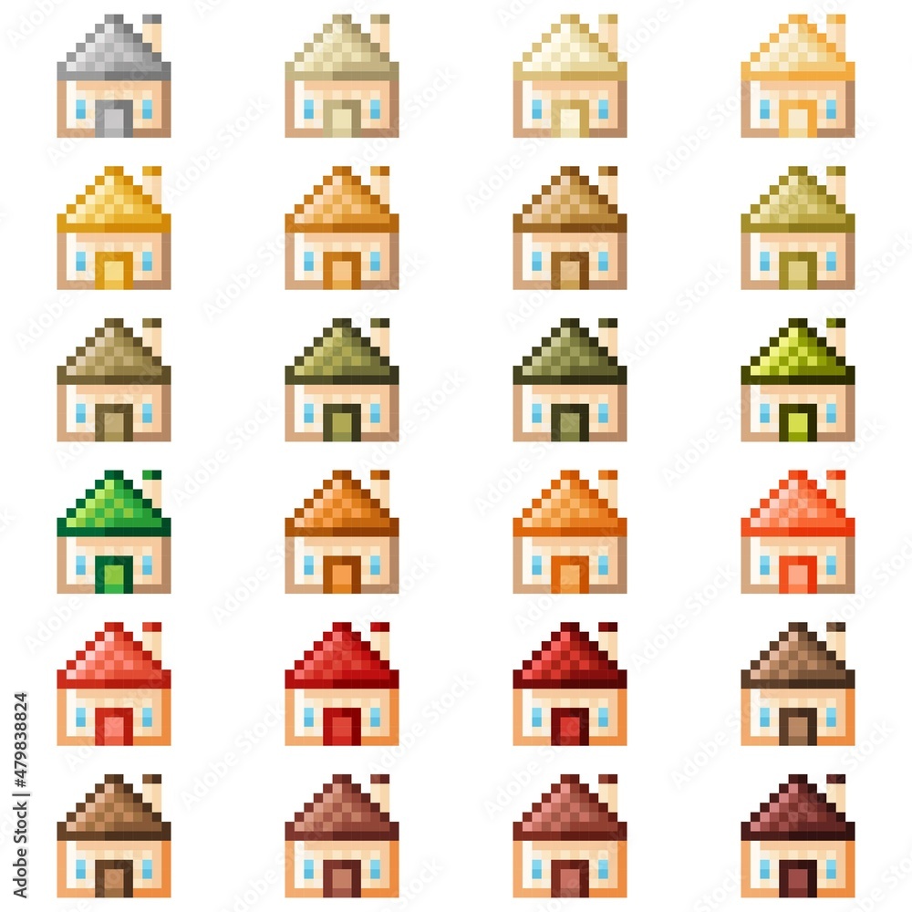 Natural color roof house pixel art set. Vector illustration. Stock ...