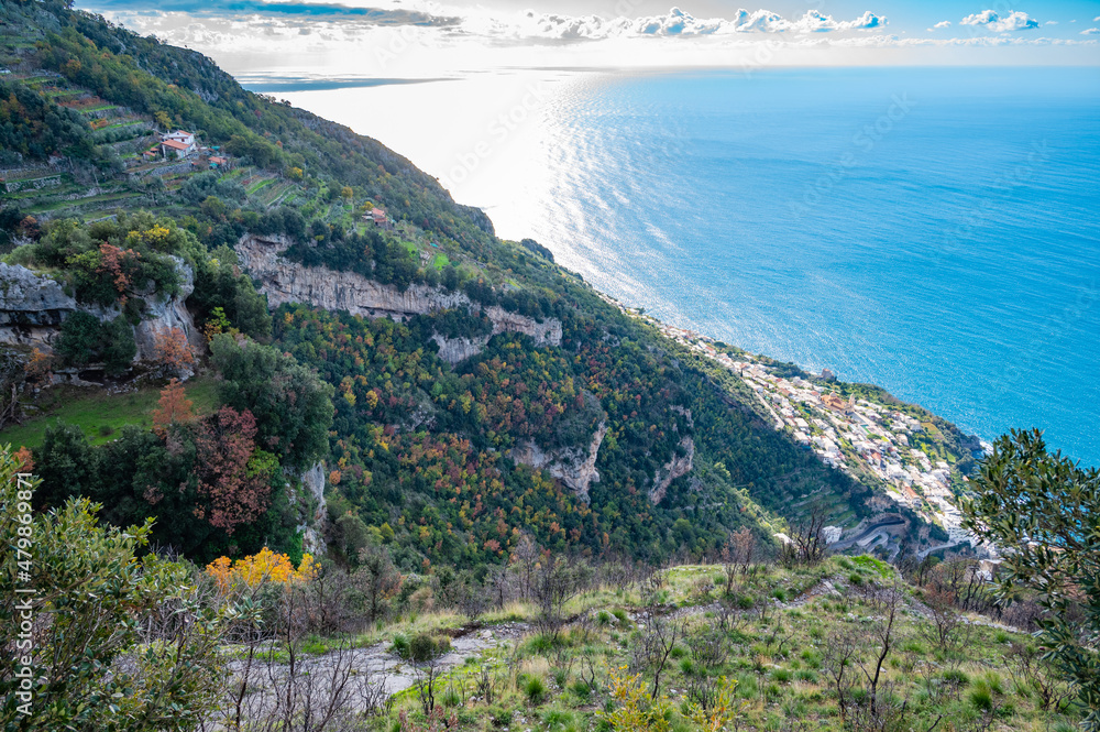 The Italian village of Praiano, seen from above, from the Path of the ...