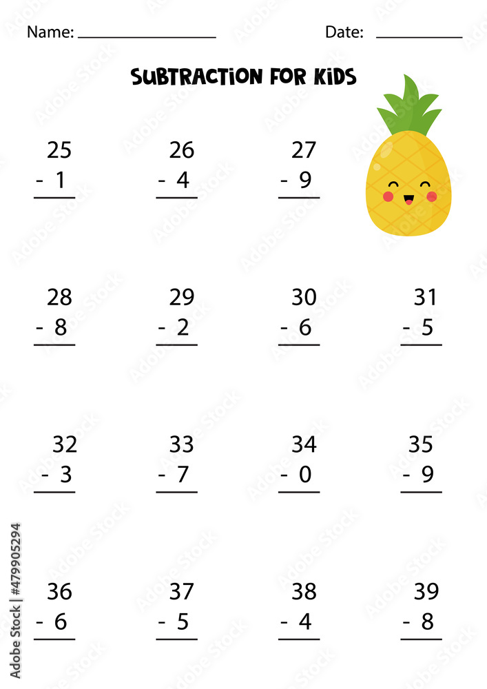Subtraction with cute kawaii pineapple. Educational math game for kids ...