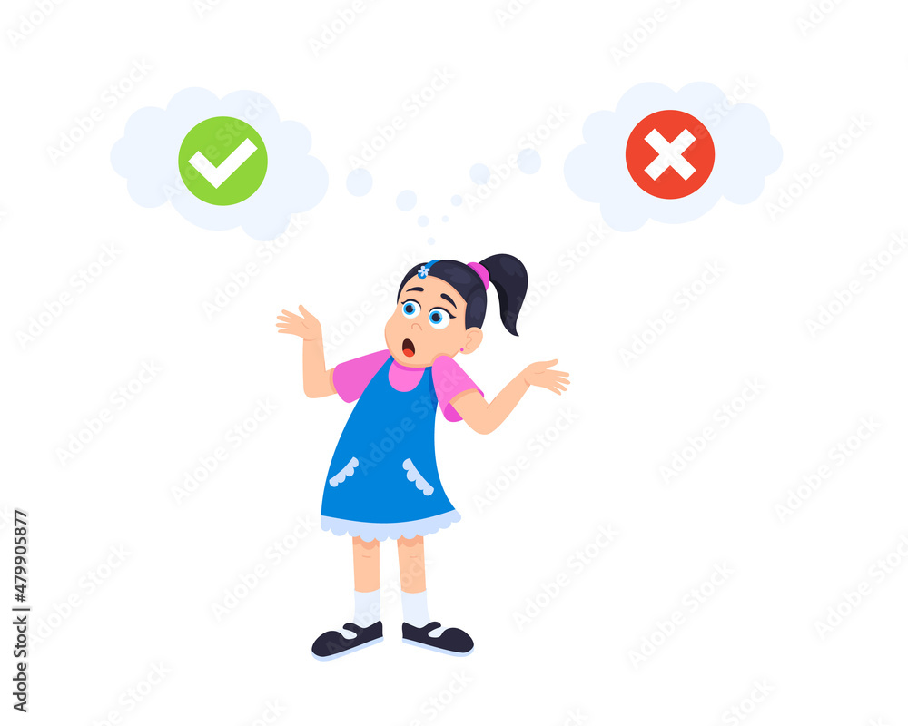 Little doubt boy girl between right and wrong check marks flat style ...