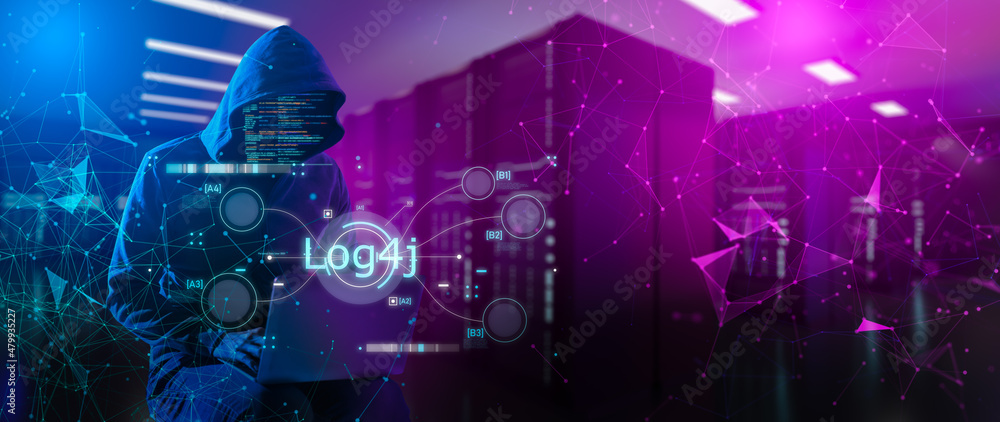 cybersecurity vulnerability Log4J and hacker,coding,malware concept.Hooded computer hacker in ...