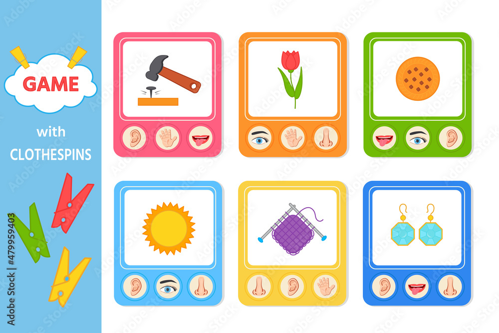 Educational game for children with clothespins. Five senses matching ...