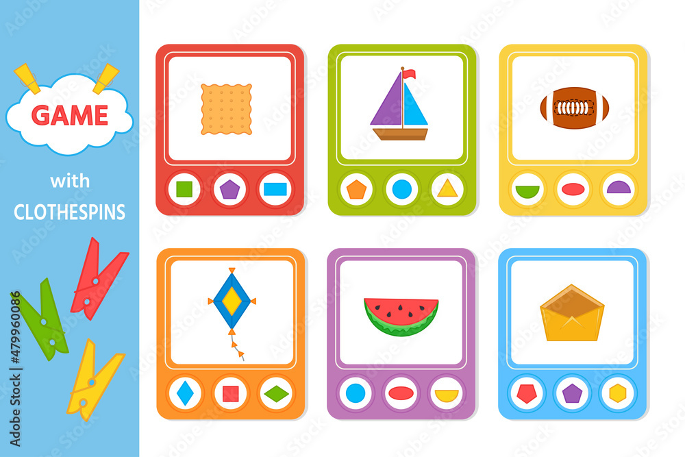 Educational game for kids with clothespins. Match of geometric shapes ...