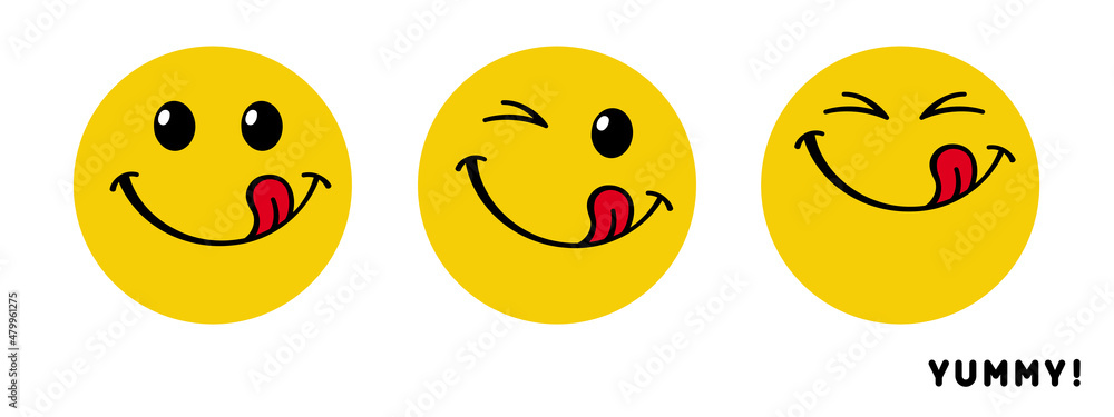 Yummy smile emoticons, happy smiling faces while tasting delicious food ...