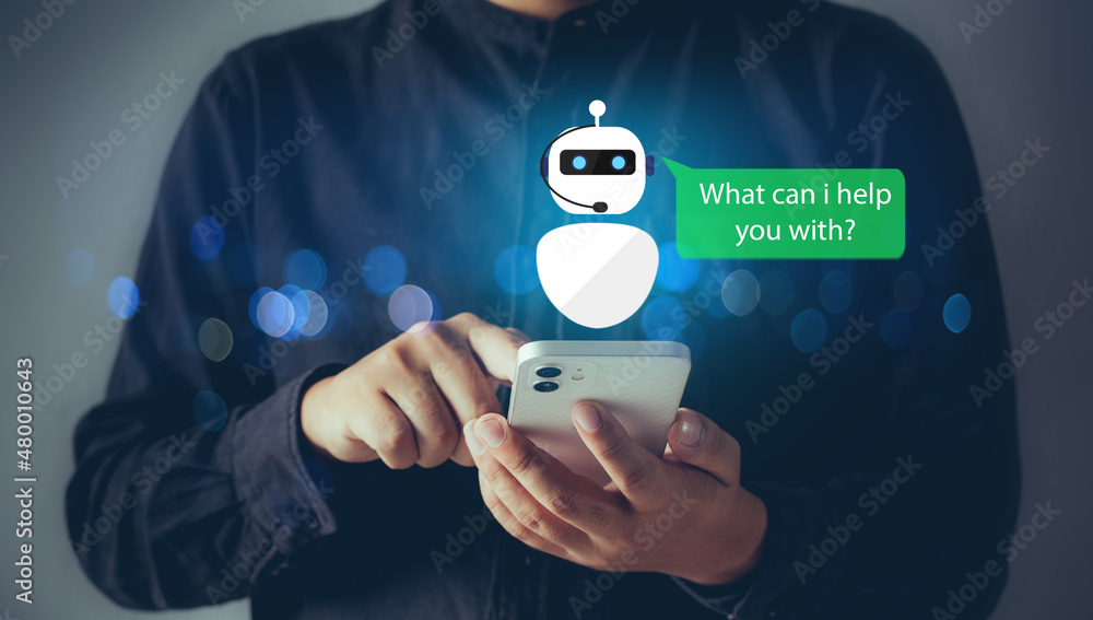 artificial intelligence,AI chat bot concept.Close-up of man hands using mobile phone Stock Photo ...