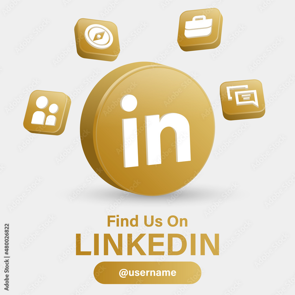 follow us on linkedin for social media icons banner in 3d round golden circle notification icons ...