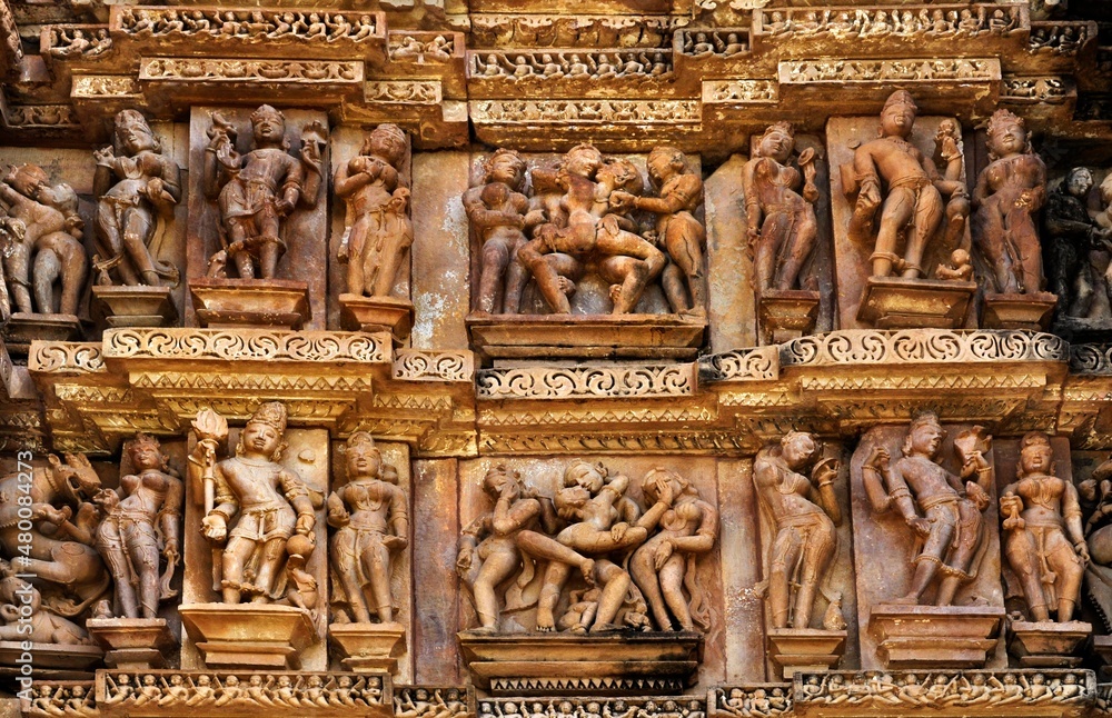 Erotic Human Sculptures at Vishvanatha Temple, Western temples of Khajuraho, Madhya Pradesh ...