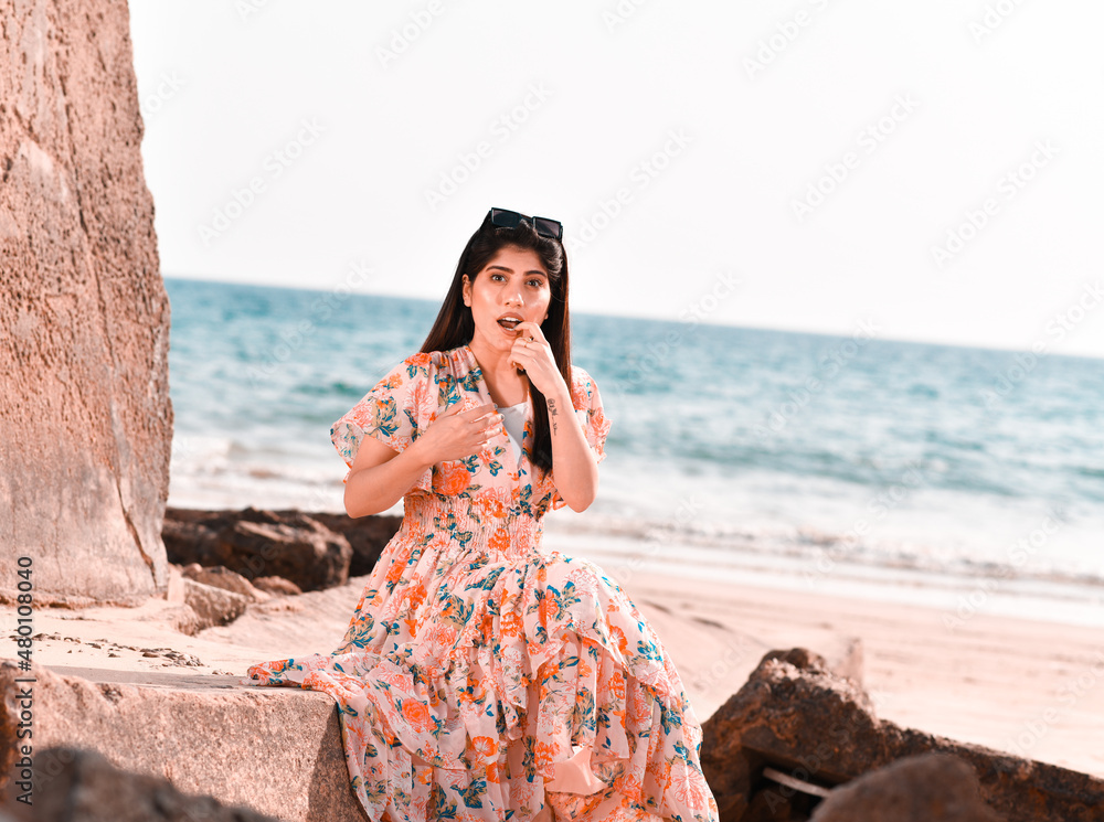 casual pretty girl front pose on beach indian pakistani model Stock ...