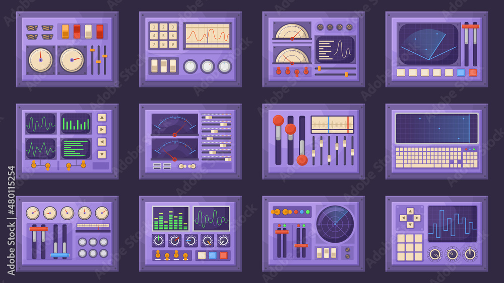 Retro control panels, spacecraft dashboard with dials, tuners and ...